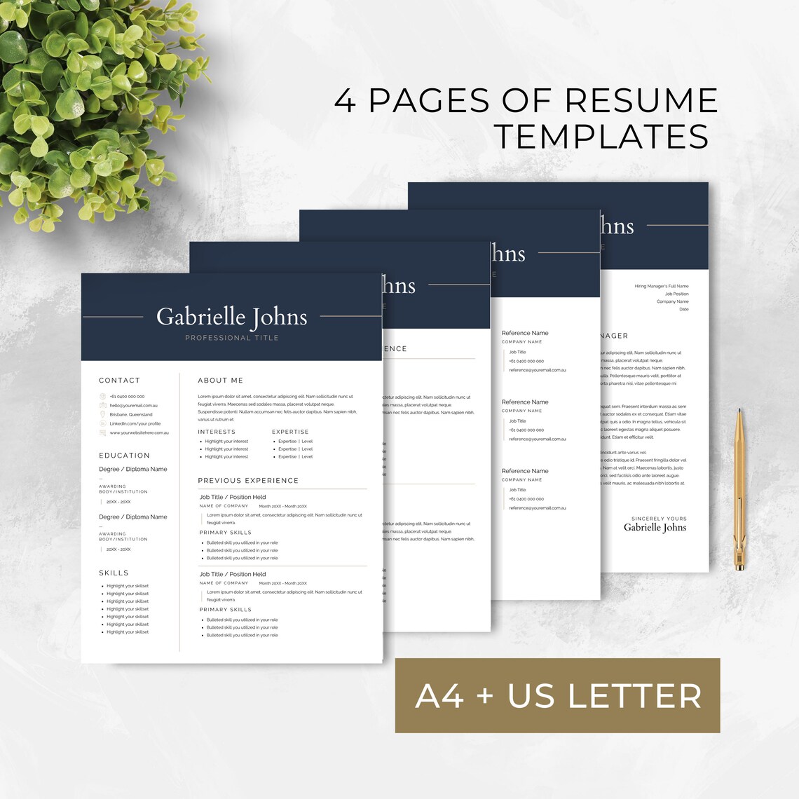Navy Resume Template Digital Download, INSTANT DOWNLOAD, Professional ...