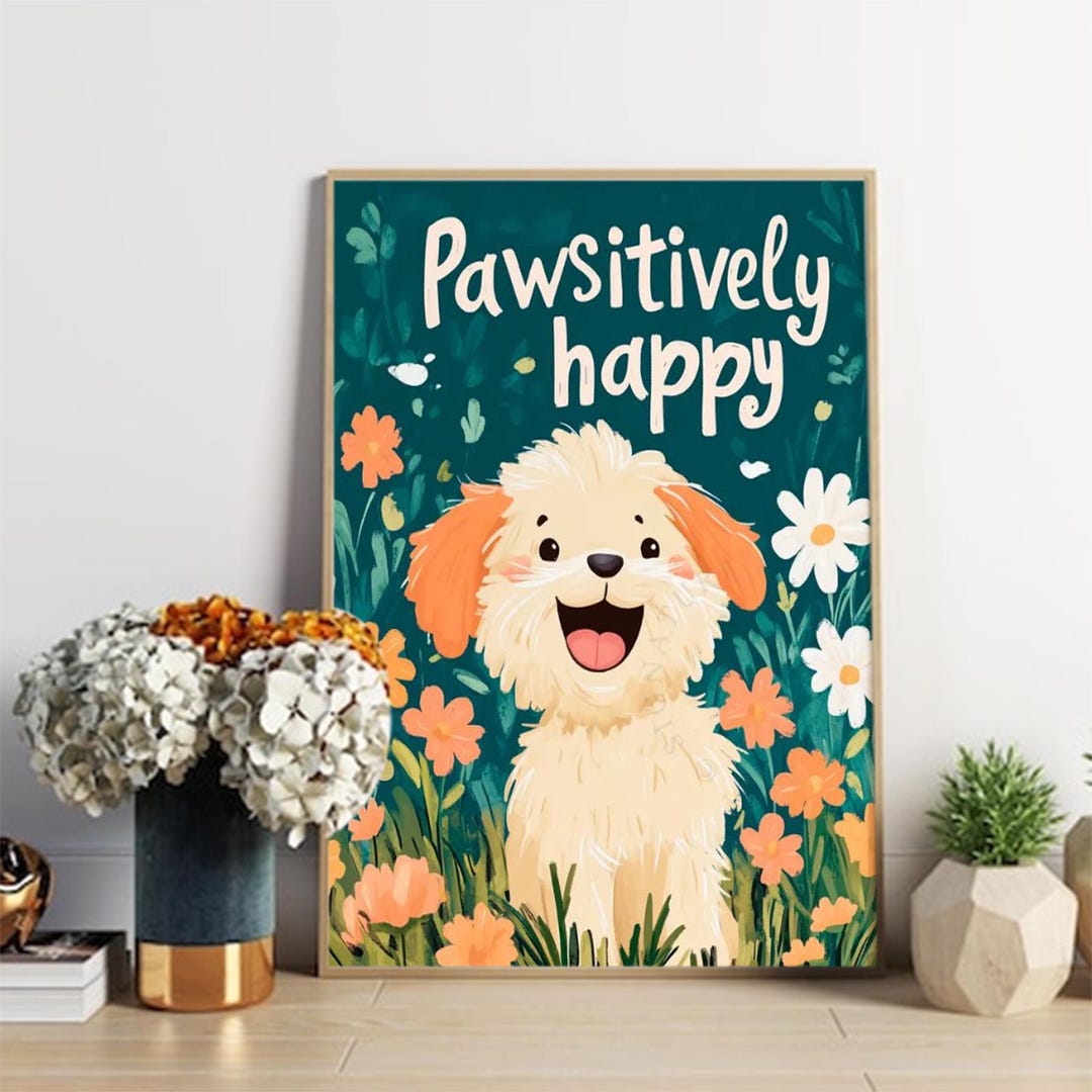 Pawsitively Happy Puppy Wall Art Cheerful Dog Floral Poster - Etsy