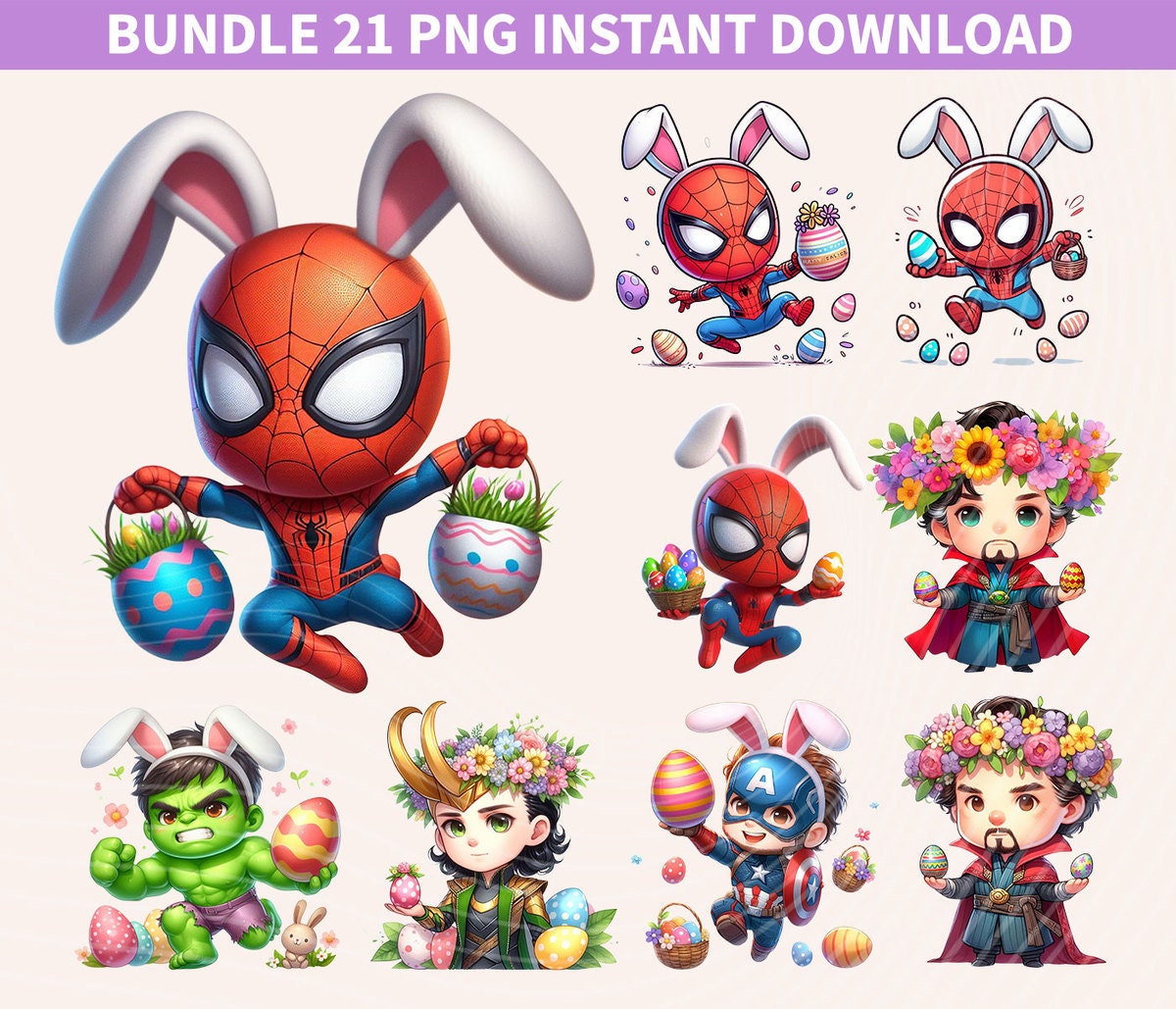 Bundle 20 Superhero Bunny Easter Png, Funny Hero Easter, Spiderman ...