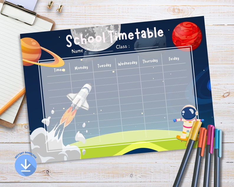 School Timetable Space Theme - Printable Class Schedule, Back to School ...