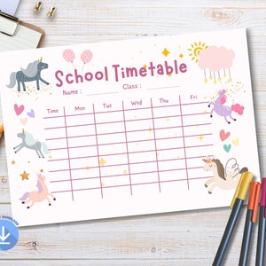 School Timetable: Pink Unicorn Class Schedule for Girls, Back to School ...