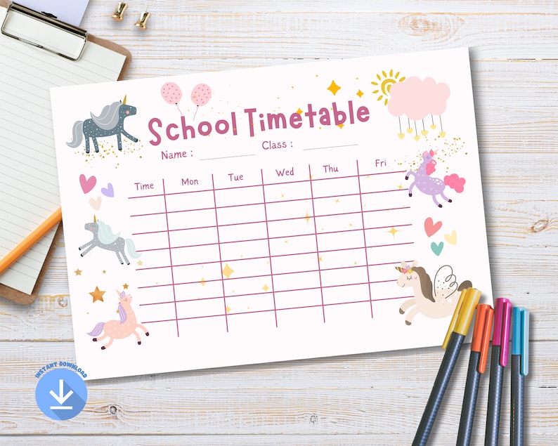 School Timetable: Pink Unicorn Class Schedule for Girls, Back to School ...