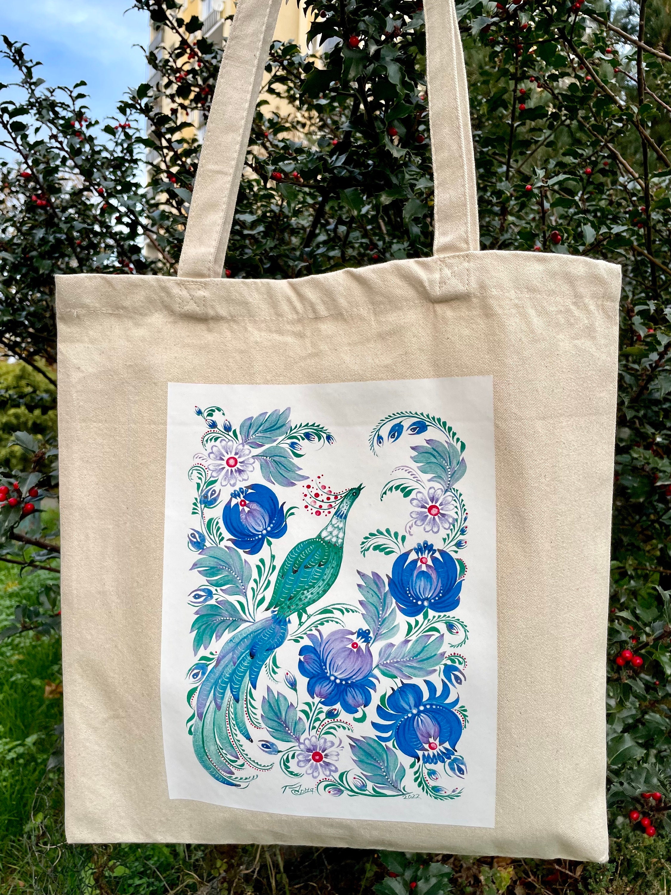 Tote Bag Eco Bag Floral Print Book Bag Tote Shopper Bag Natural Colour ...