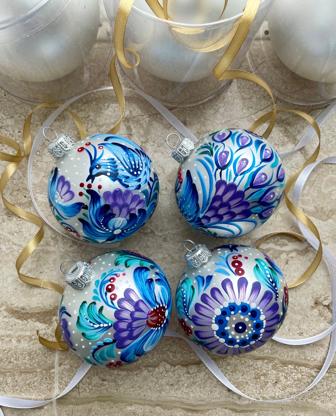 Christmas Tree Glass Baubles Christmas Decor Set of 4 Hand Painted ...