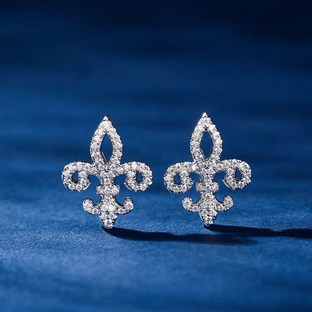Fleur-de-lies Engagement Earrings 14K White Gold Stud - Etsy
