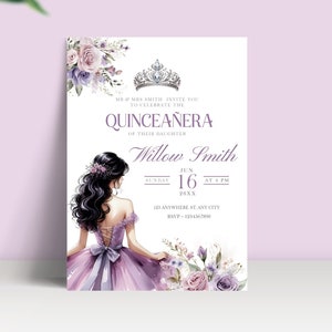 Purple Quinceanera Invitation Template Lilac Flowers DIY Printable ...