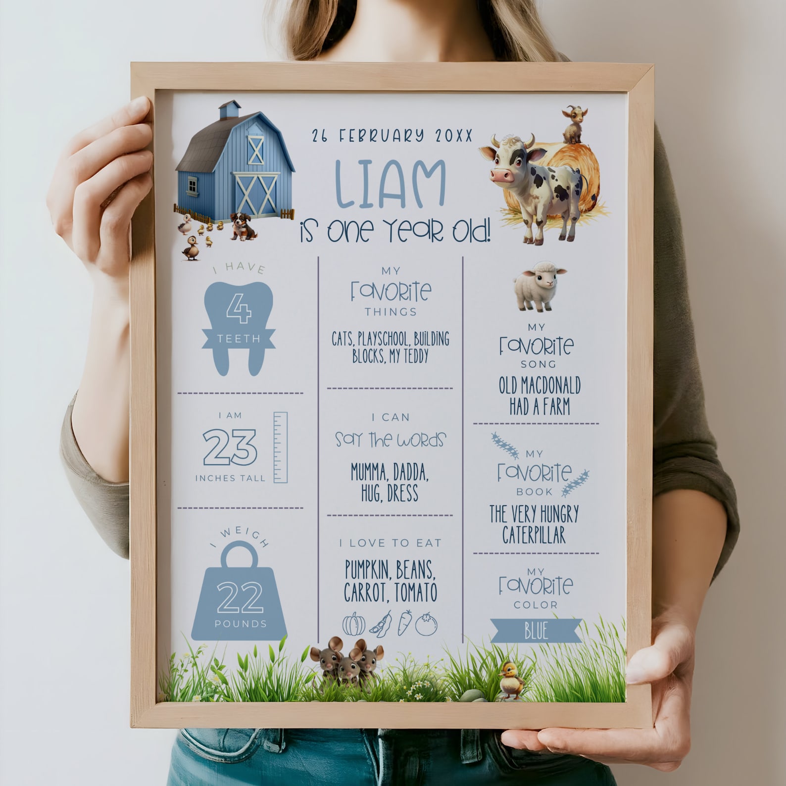 Blue Farmyard Animals First Birthday Milestone Poster (digital Download ...