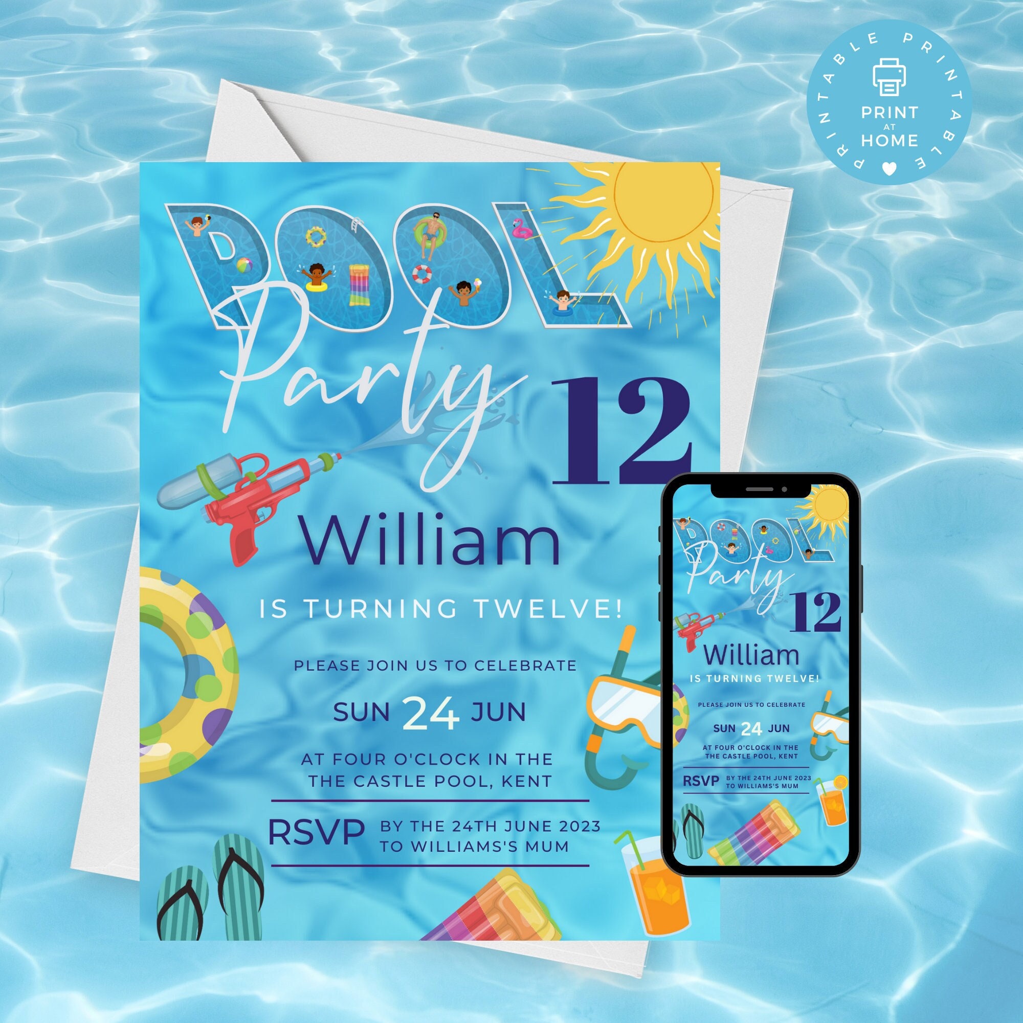 Pool Party 12th Birthday Evite and Card,swimming Party,summer Birthday ...