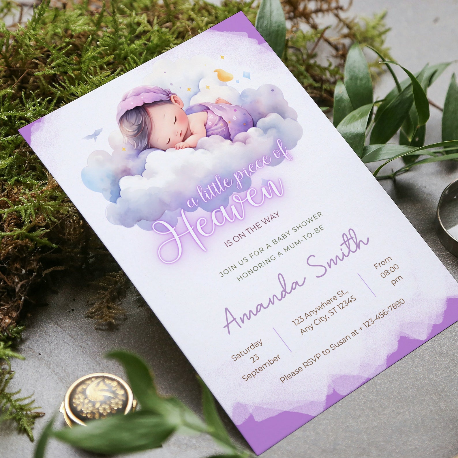Cloud Baby Shower Invitation Pastel Purple Editable Template Digital ...