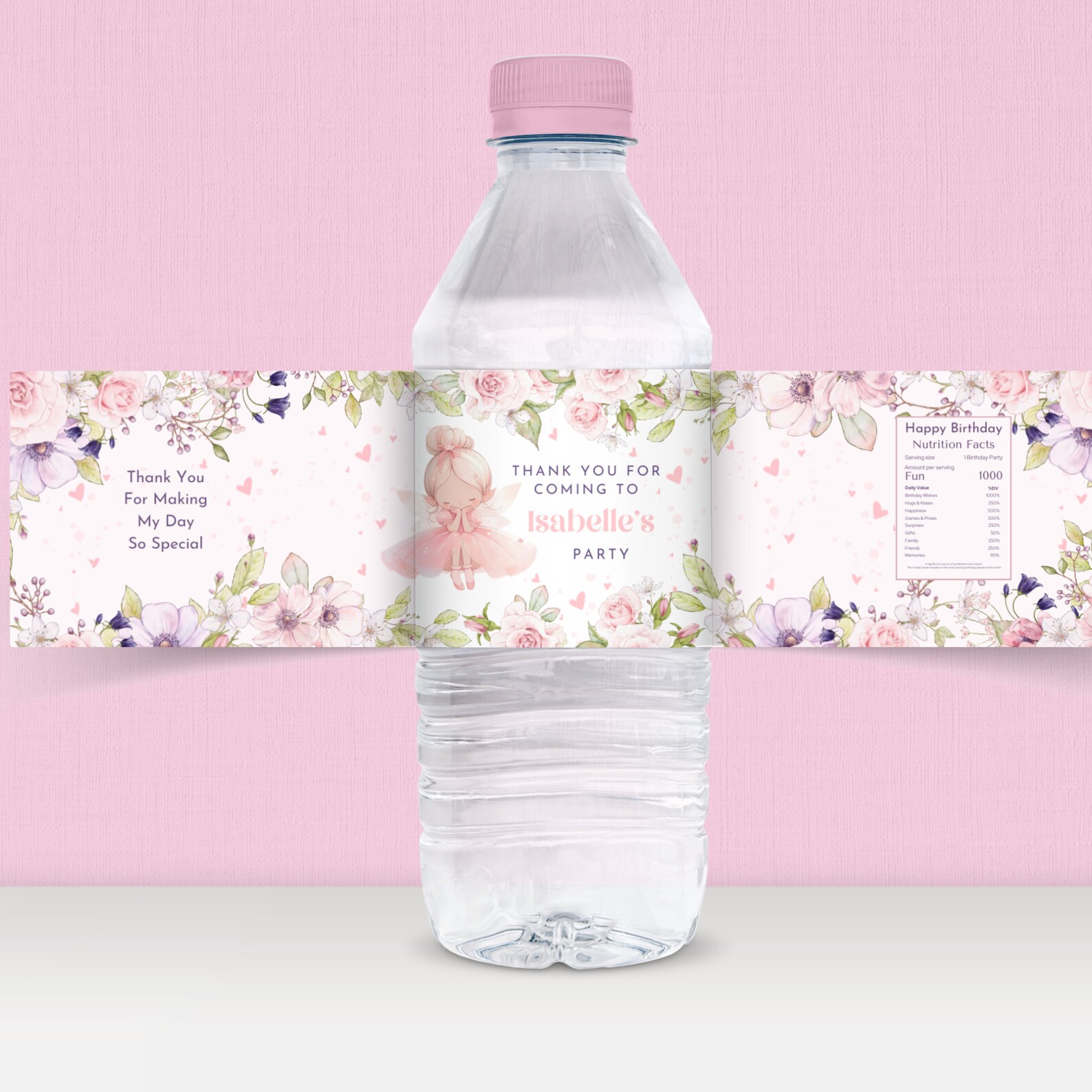 Fairy Theme Water Bottle Label Favor Pink Floral Editable Template ...