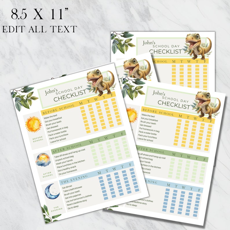 Kids School Days Checklist Dinosaur Theme Daily Schedule - Etsy