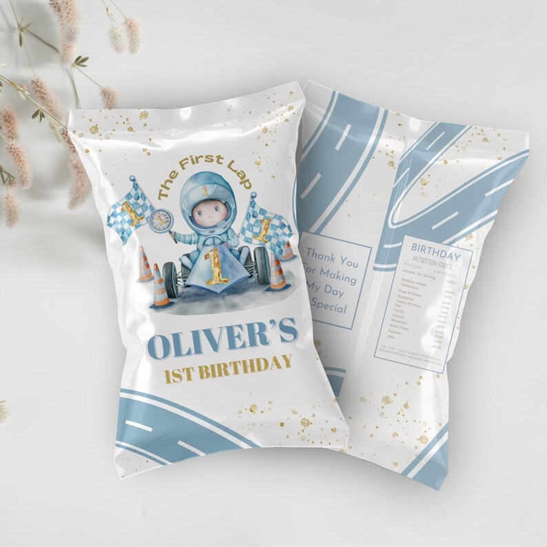 Race Car 1st Birthday Chip Bag Blue Racing Theme Printable Edit Canva ...