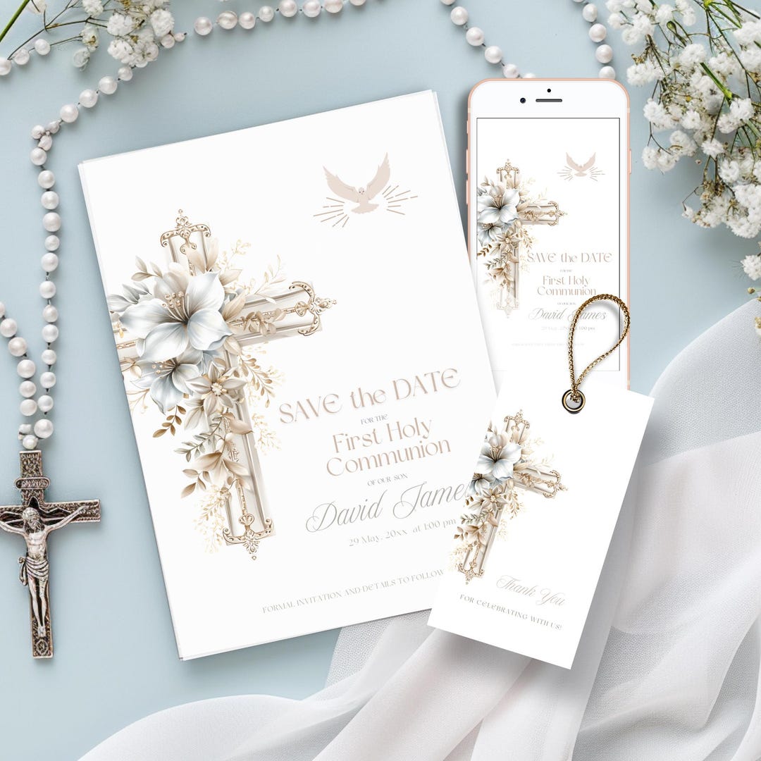 Floral Cross First Holy Communion Save the Date Canva Template ...