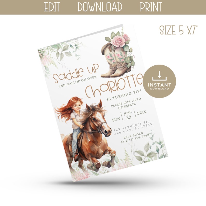 Horse Birthday Invitation Saddle up Cowgirl DIY Printable Decor Template Instant Download ...