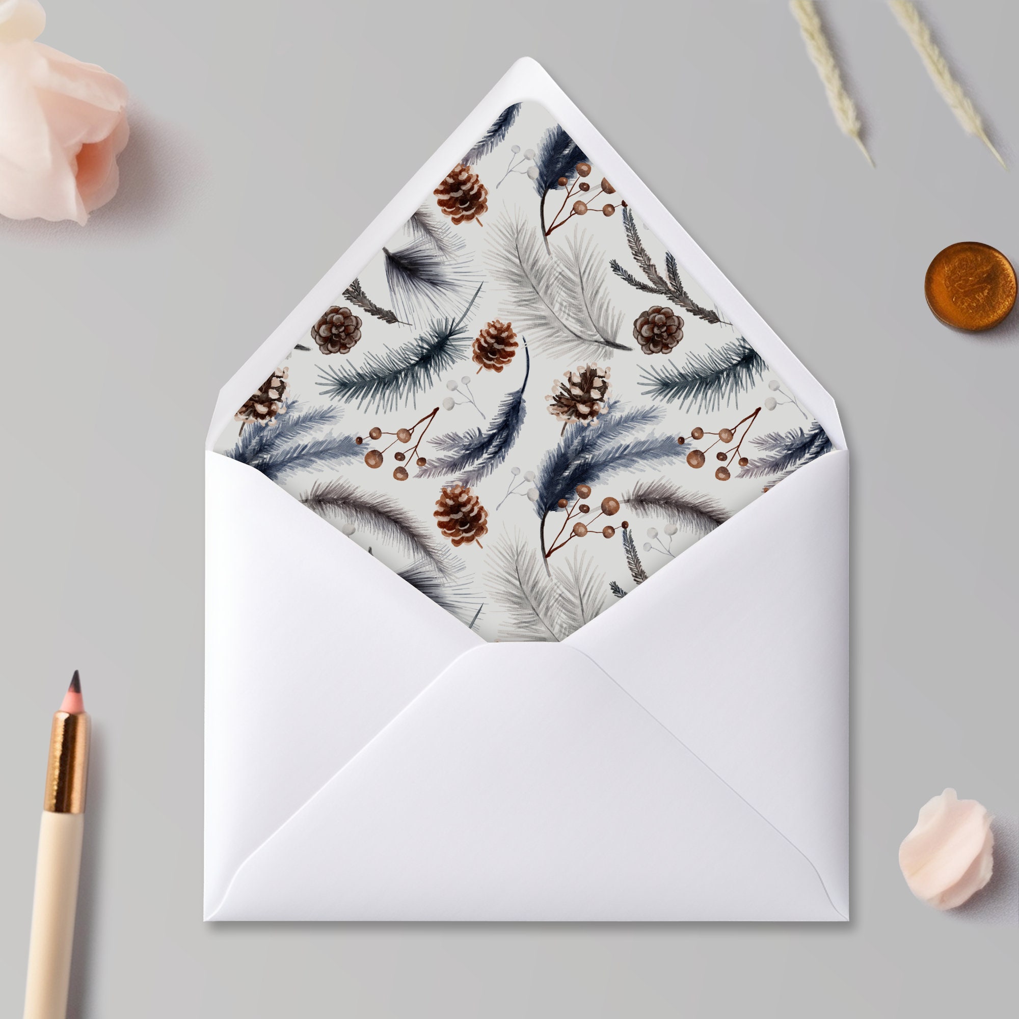 A7 Envelope Liner Printable White Fir Floral Design, 12 Sizes Template ...