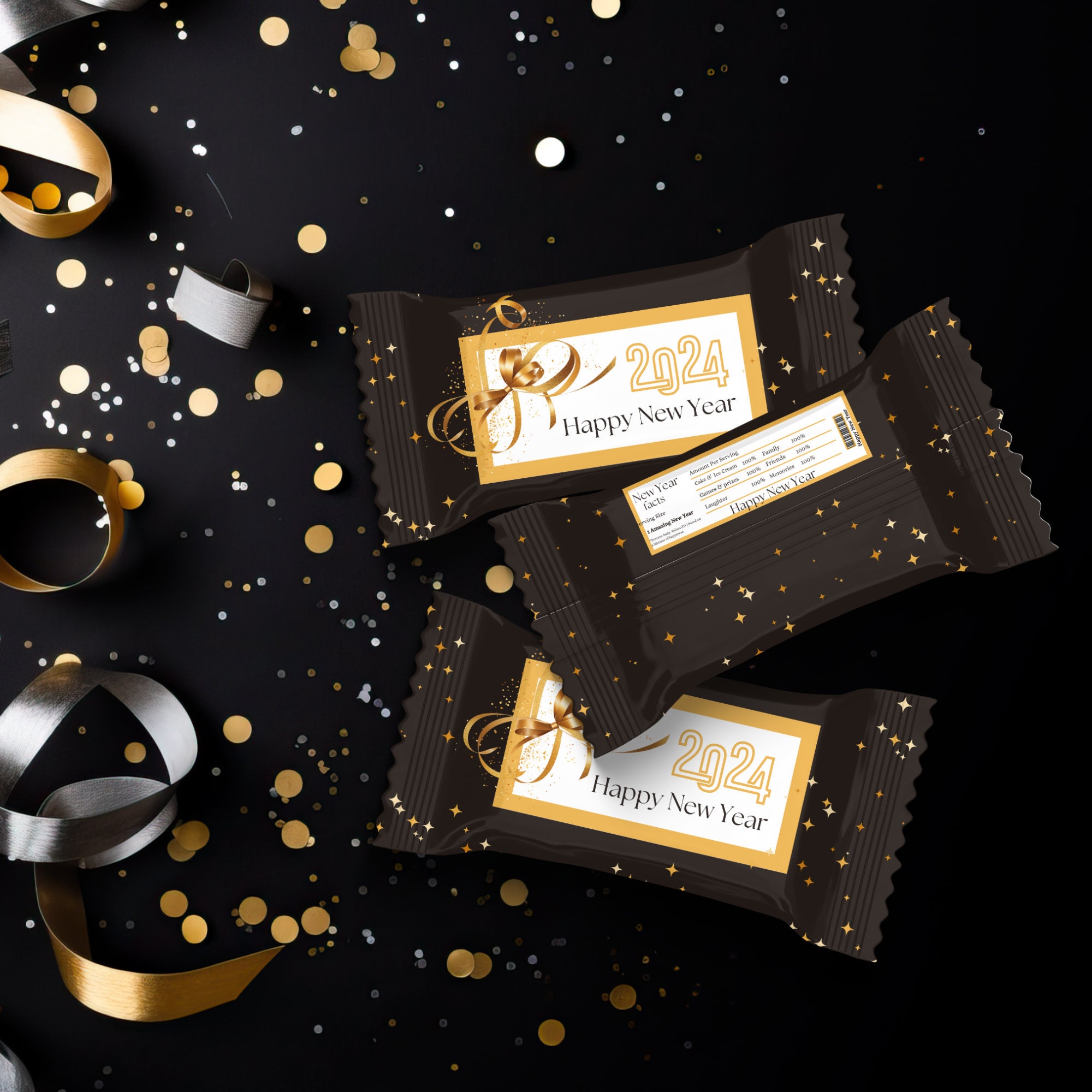 New Years Eve Rice Krispy Wrapper,editable DIY Black and Gold Party ...