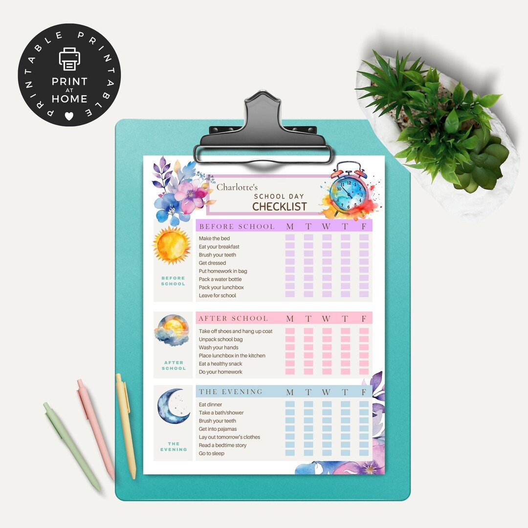Kids School Days Checklist Floral Theme, Daily Schedule, Parenting ...