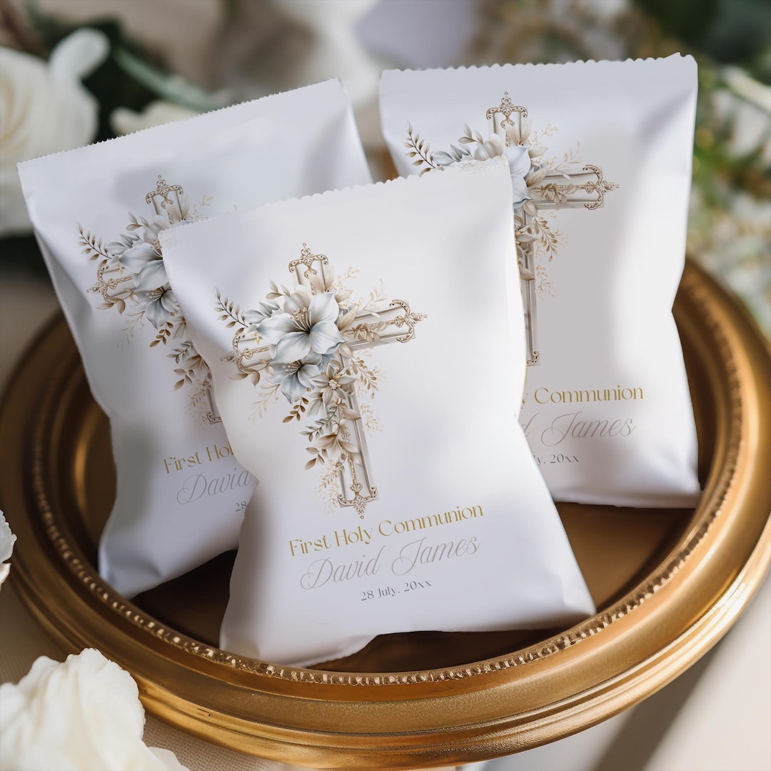 Floral Cross First Communion Chip Bag Wrapper Editable Party Favor ...