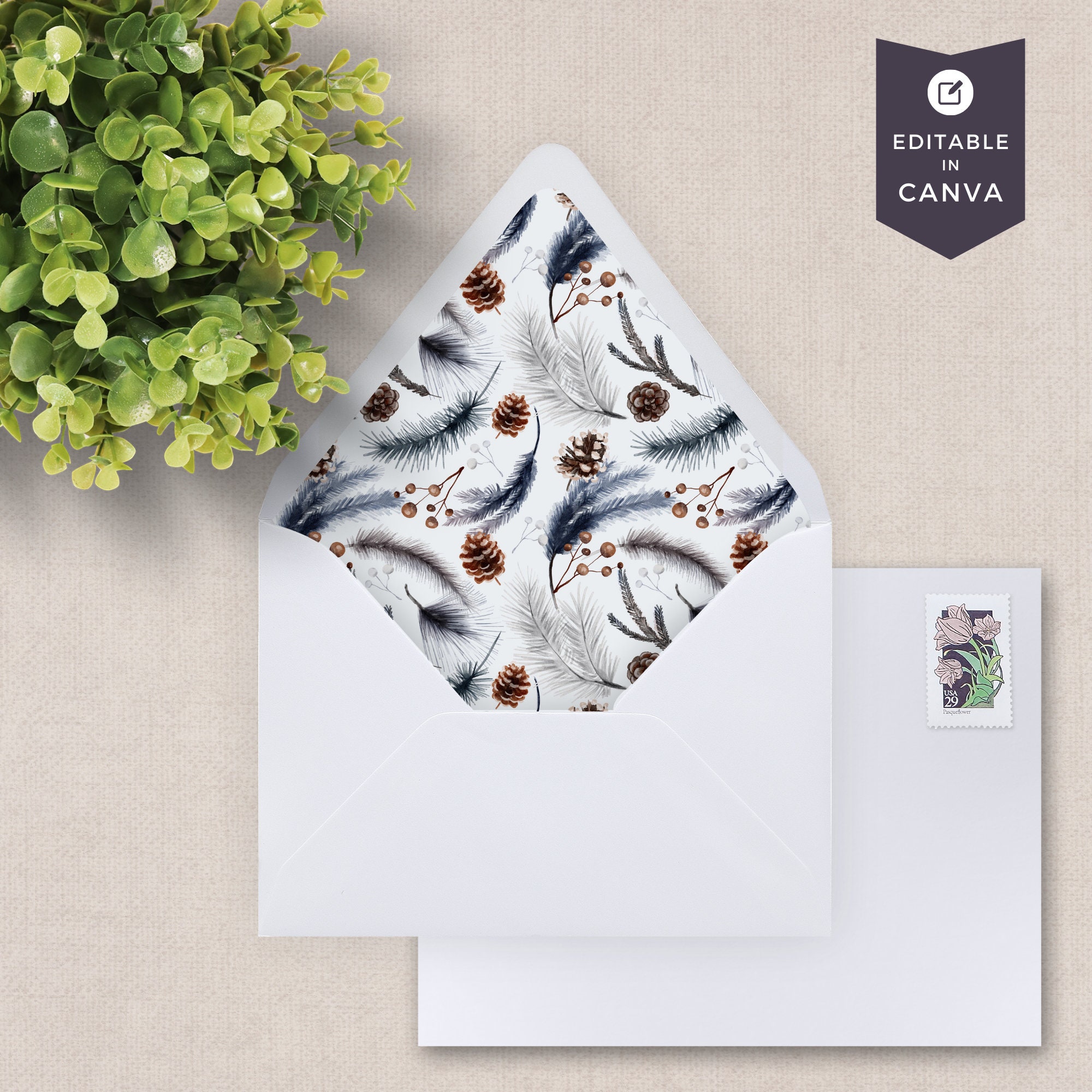 A7 Envelope Liner Printable White Fir Floral Design, 12 Sizes Template ...