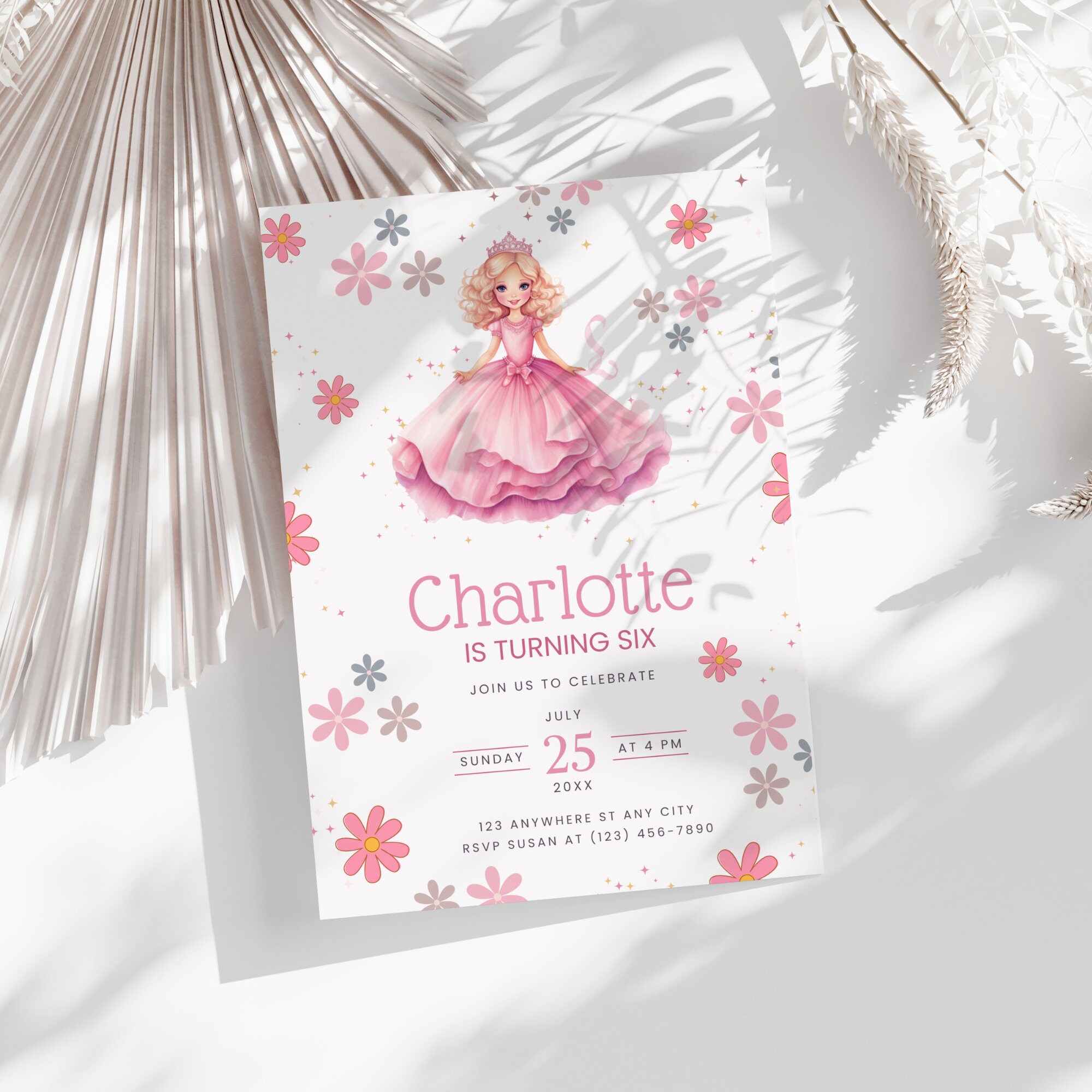 Princess 6th Birthday Invitation Pink Fairy Tale Party Printable ...