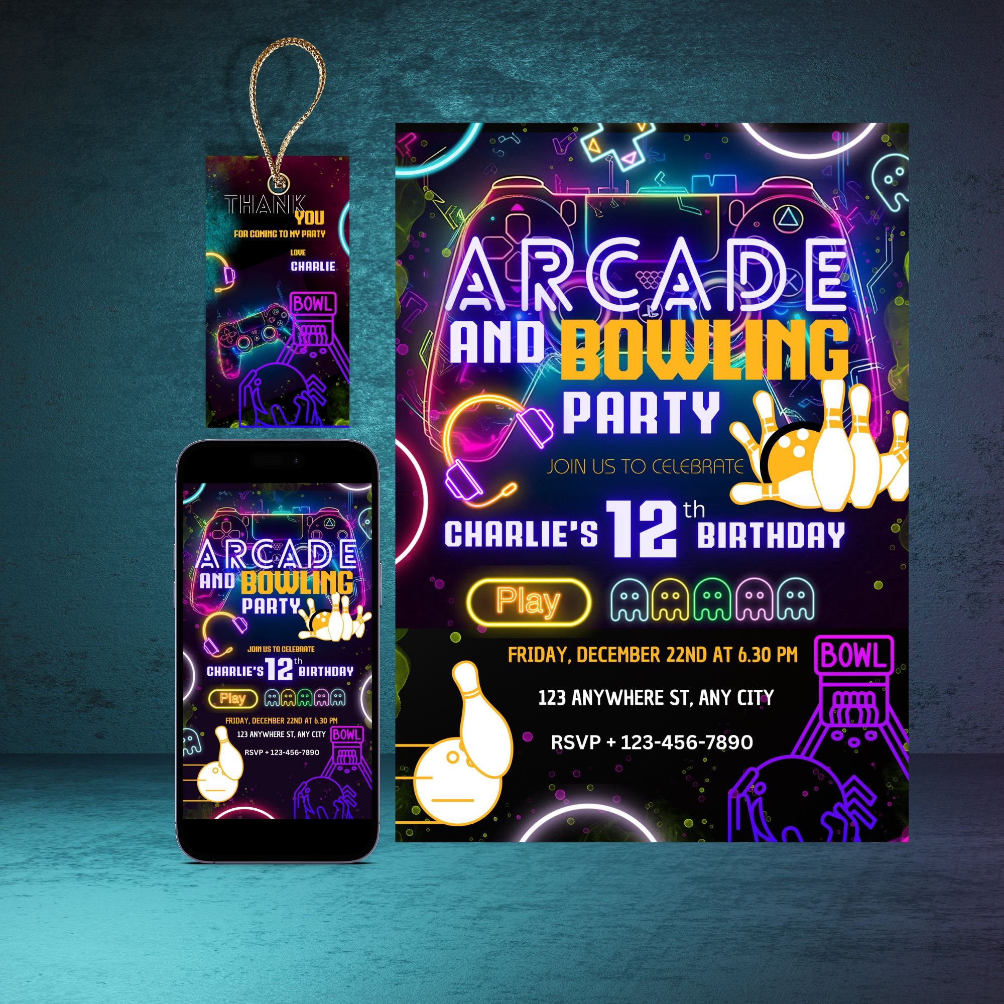 Bowling Arcade Party Invitation 12th Birthday, Evite, & Tag Gamer Party ...