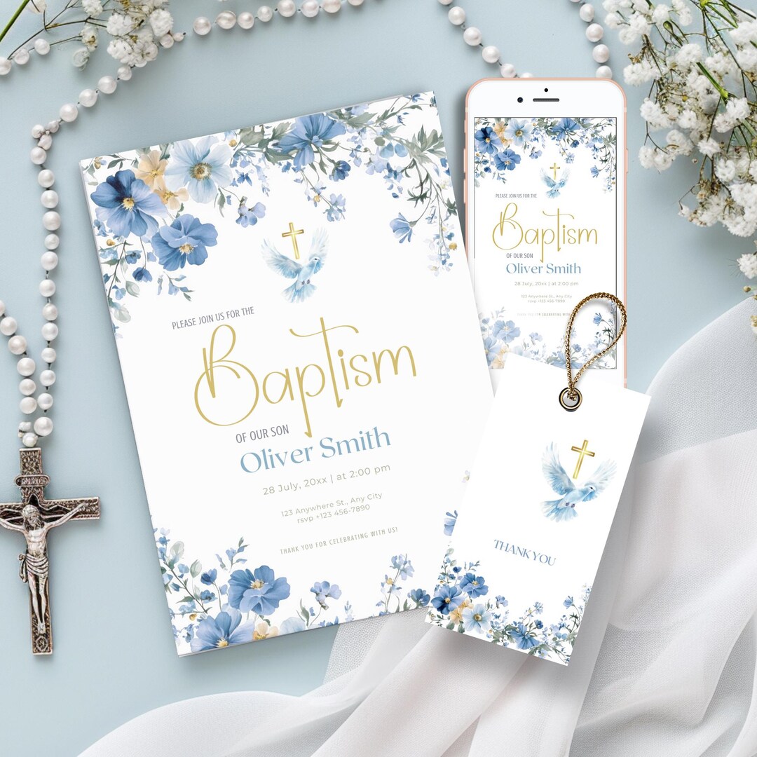 Baptism Invitation Blue Floral | Baby Boy Gift Tag | Religious ...