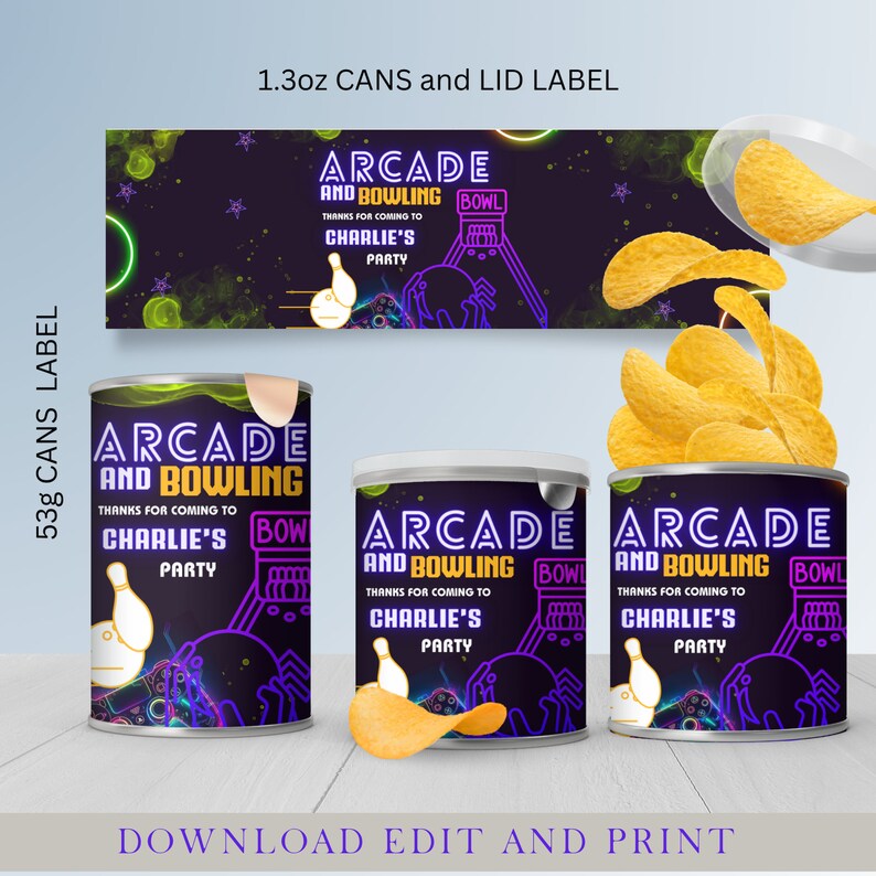 Printable Arcade and Bowling Snack Can Labels Template, Printable ...