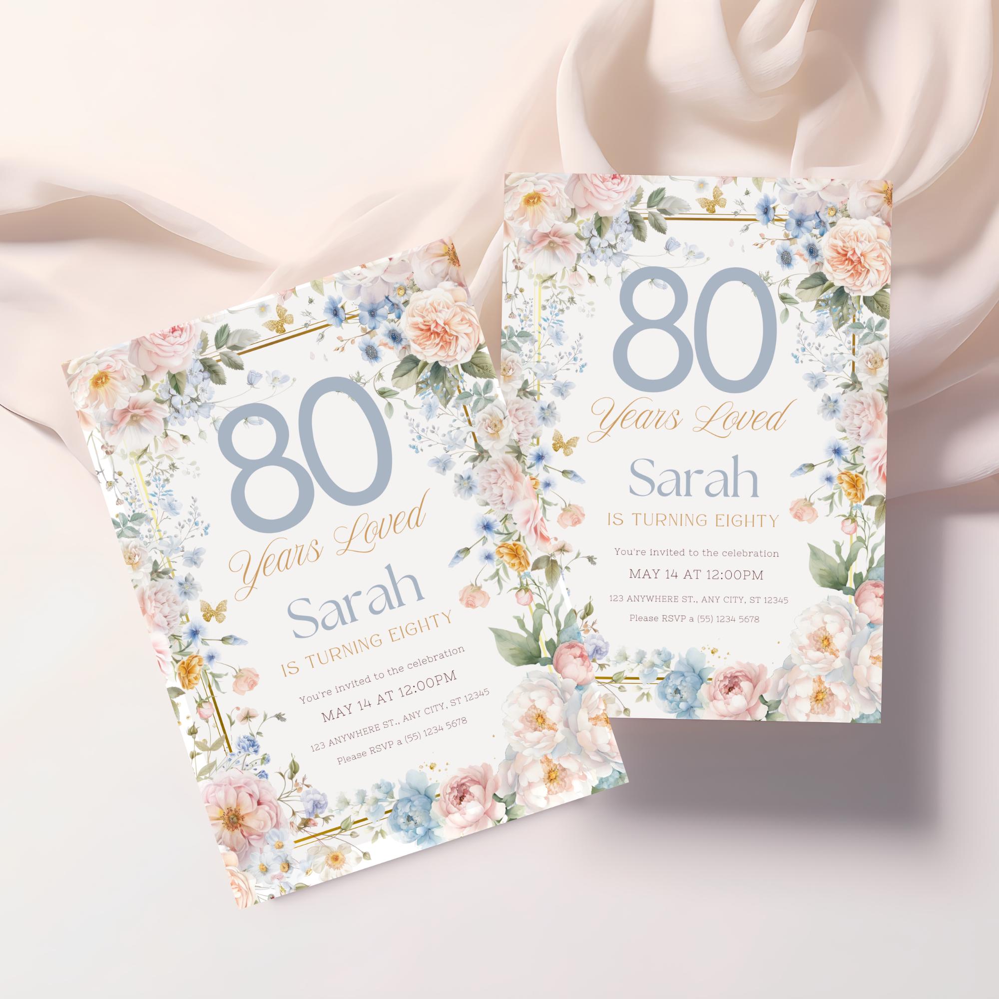 Elegant Floral 80th Birthday Invitation Printable Milestone Party ...