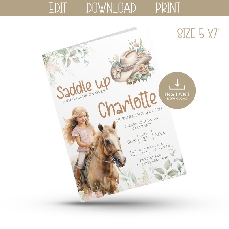 Horse Birthday Invitation Saddle up Cowgirl DIY Printable Decor Template Instant Download ...