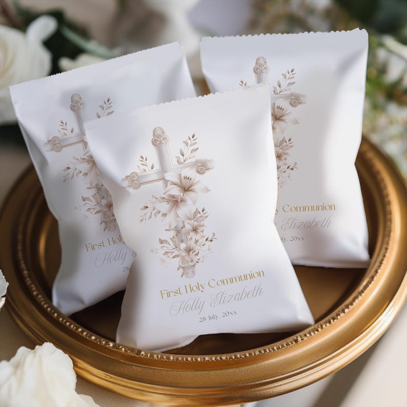 Floral Cross First Holy Communion Chip Bag Wrapper Digital Download ...