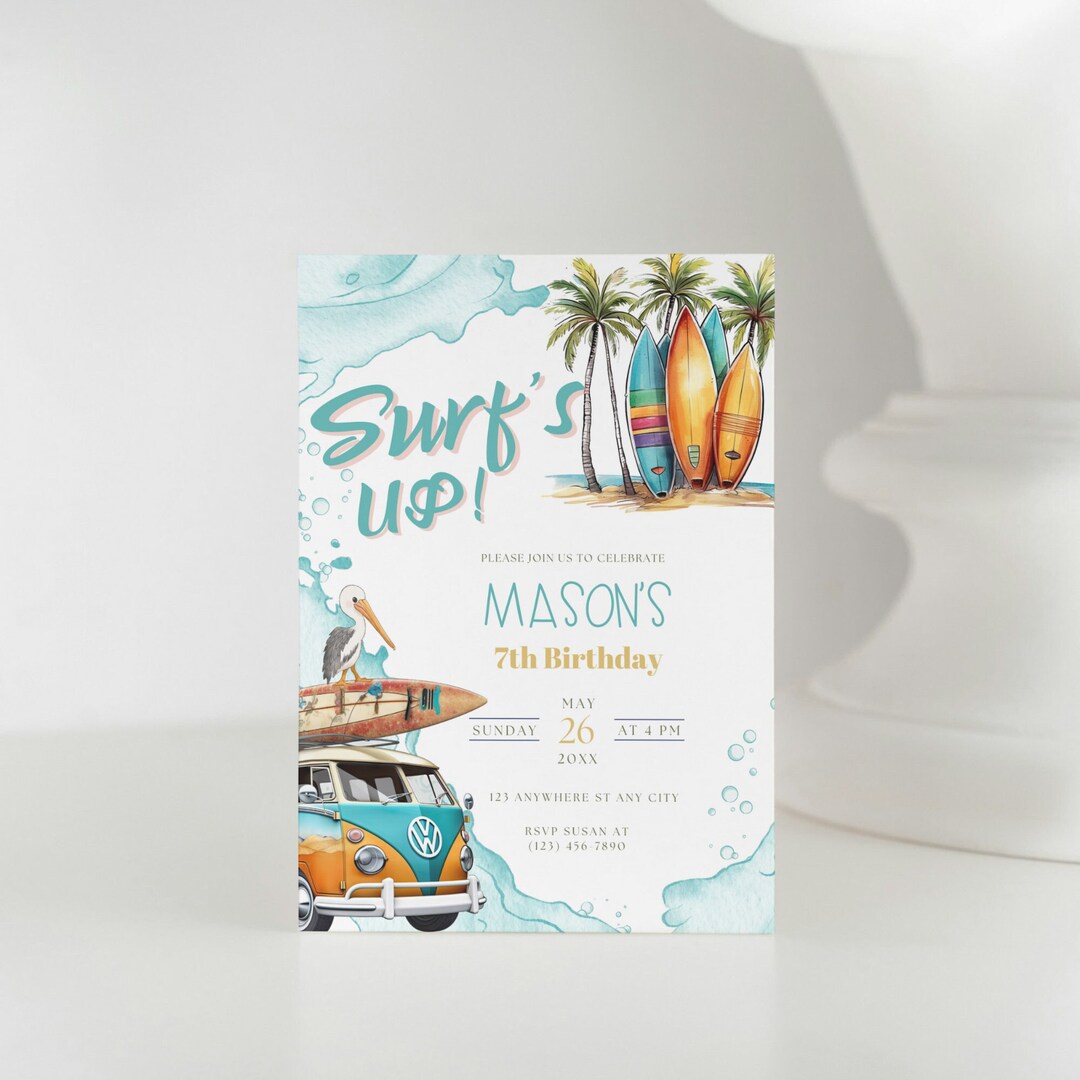 Surfs up 7th Birthday Invitation Template, Editable Digital Download ...