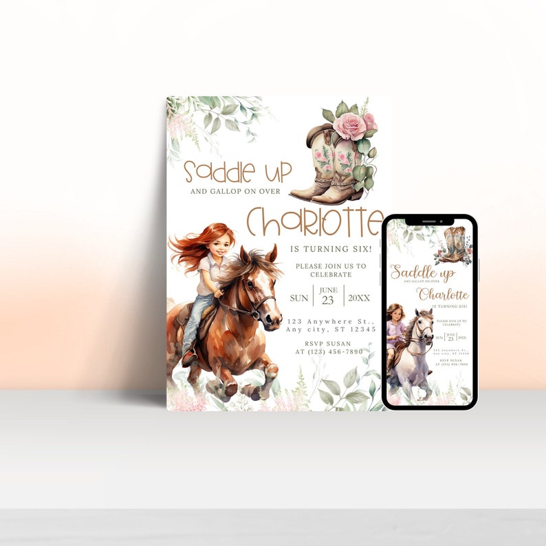 Horse Birthday Invitation Saddle up Cowgirl DIY Printable Decor Template Instant Download ...