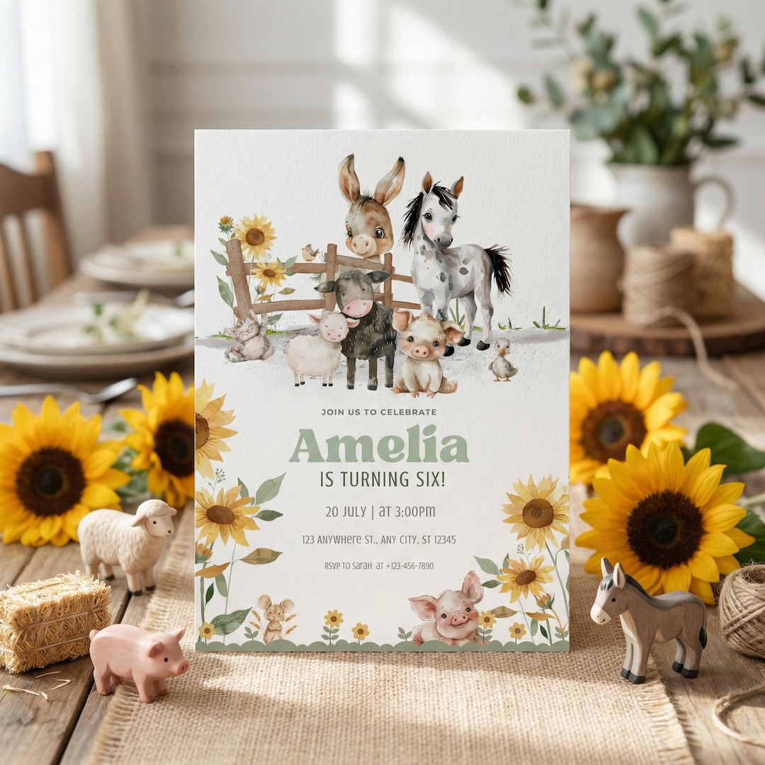 Farm Animal Birthday Invitation Sunflower Barnyard Theme Digital ...