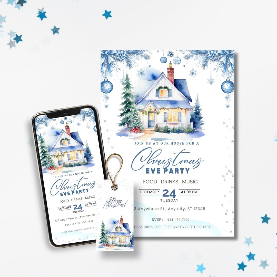 Christmas Invitation Set, Blue Theme Invitation Gift Tag and Evite ...
