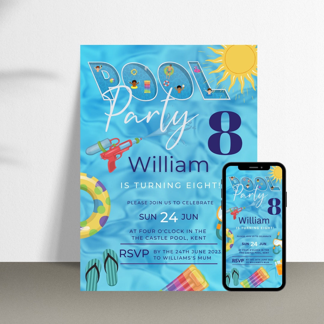 Pool Party 8th Birthday Evite and Card,swimming Party,summer Birthday ...