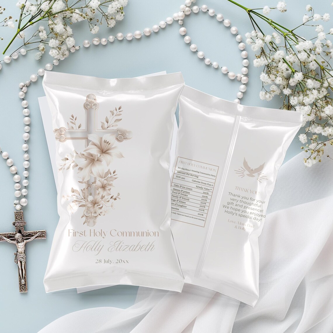Floral Cross First Holy Communion Chip Bag Wrapper Digital Download ...