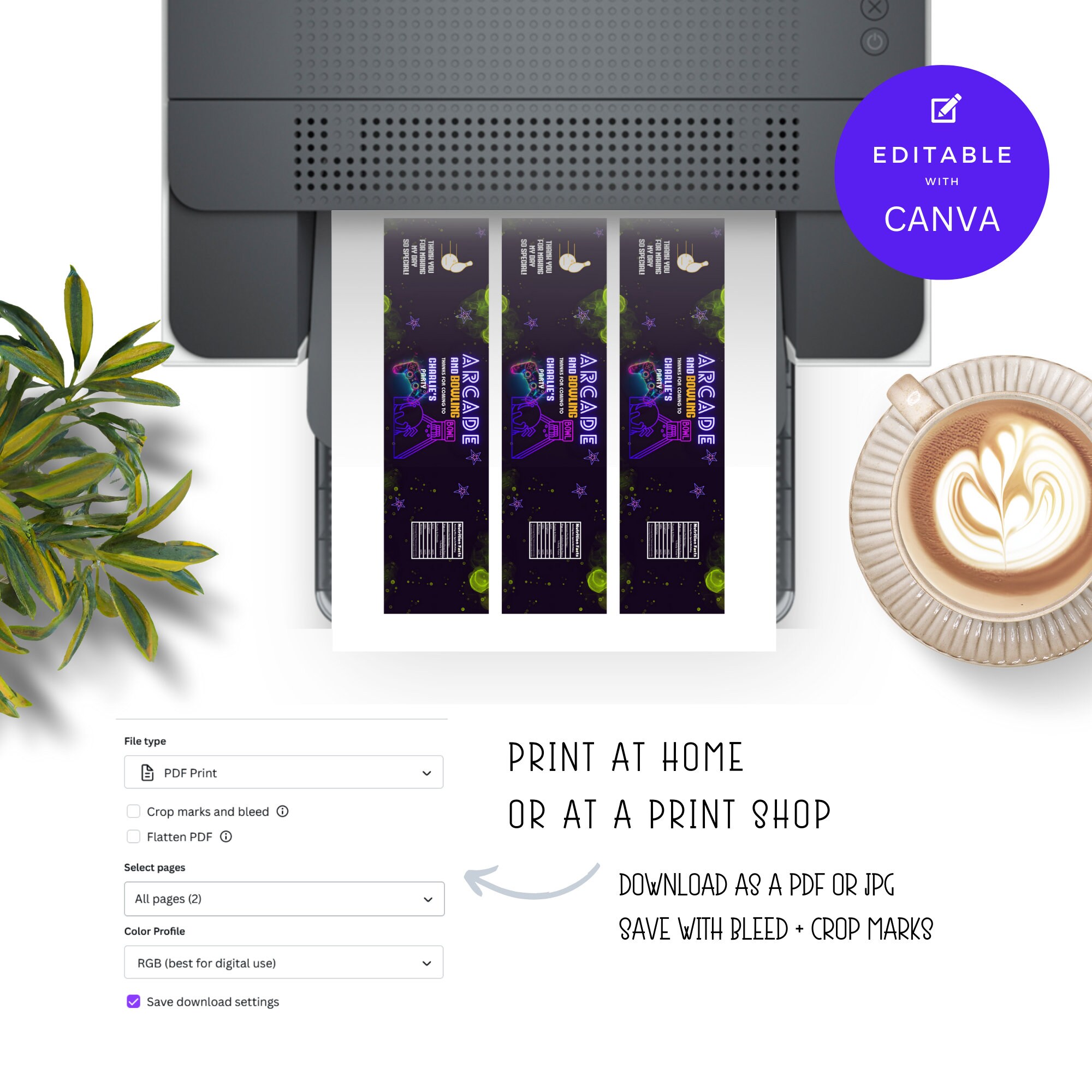 Water Bottle Bowling and Arcade Label Party Favor Template, Printable ...