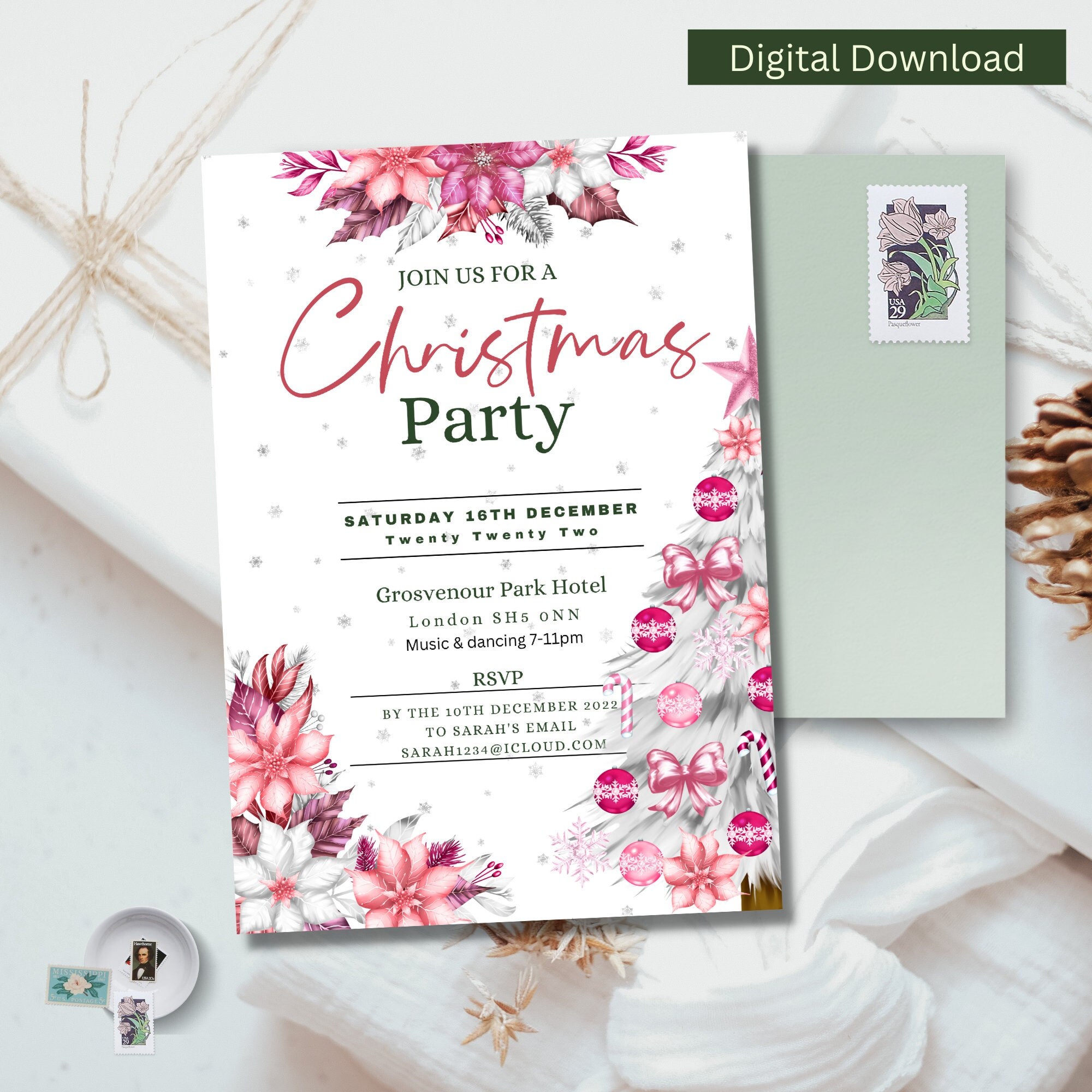 Pink Christmas Party Invitation DIY Xmas Invitationeditable - Etsy