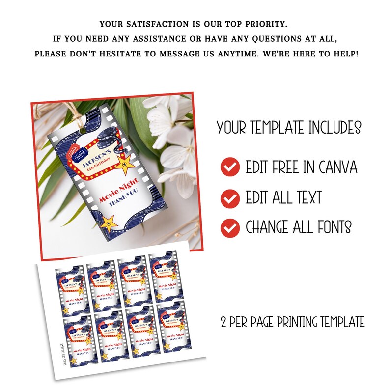 Movie Night Gift Tags: Editable Cinema Party Favor Digital Download ...