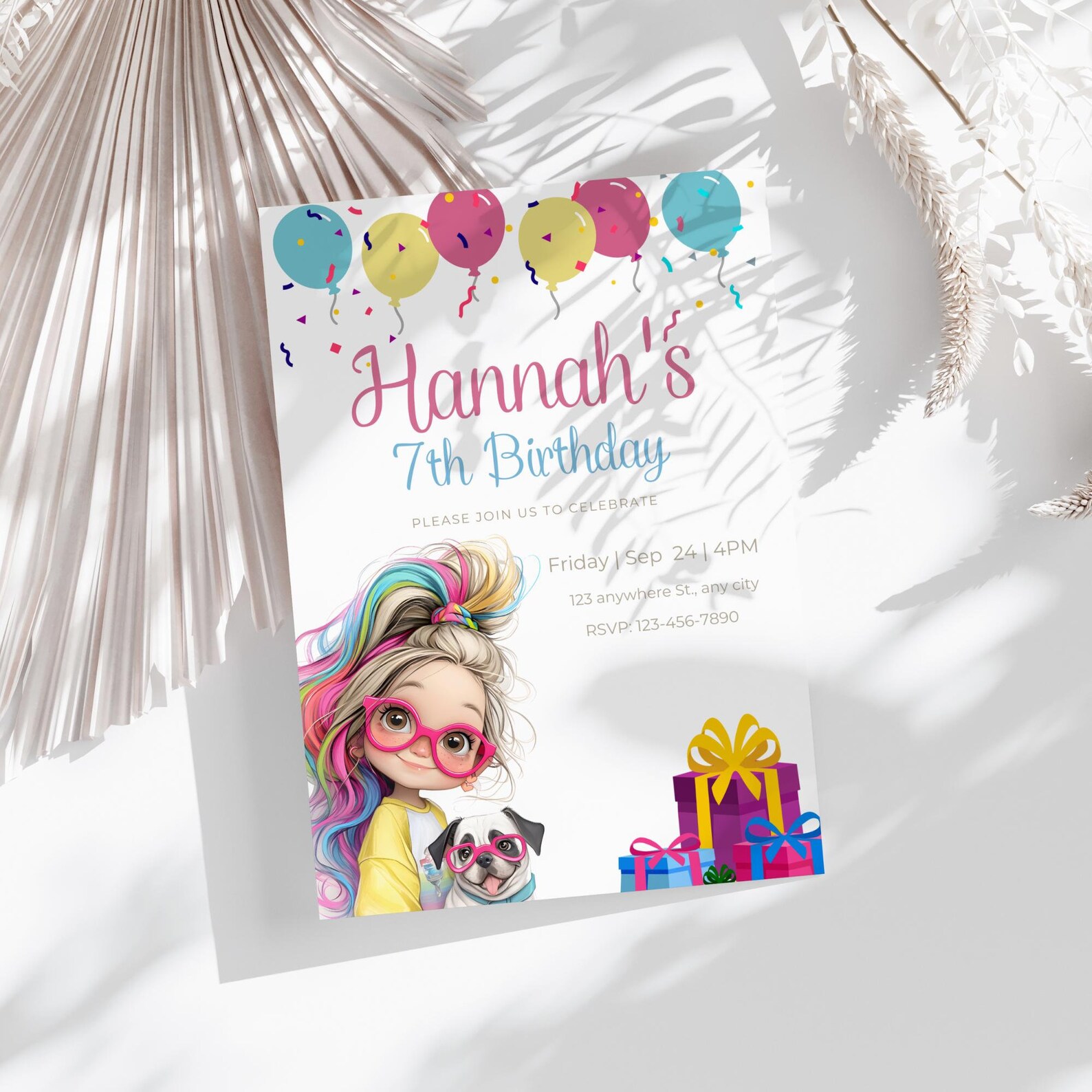 Cartoon Girl 7th Birthday Invitation Pink Whimsical Hair Editable Canva ...