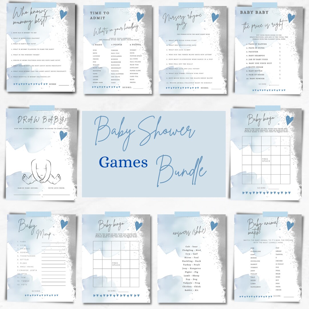 Baby Shower Games Bundle,editable in CANVA Games,blue/silver ...