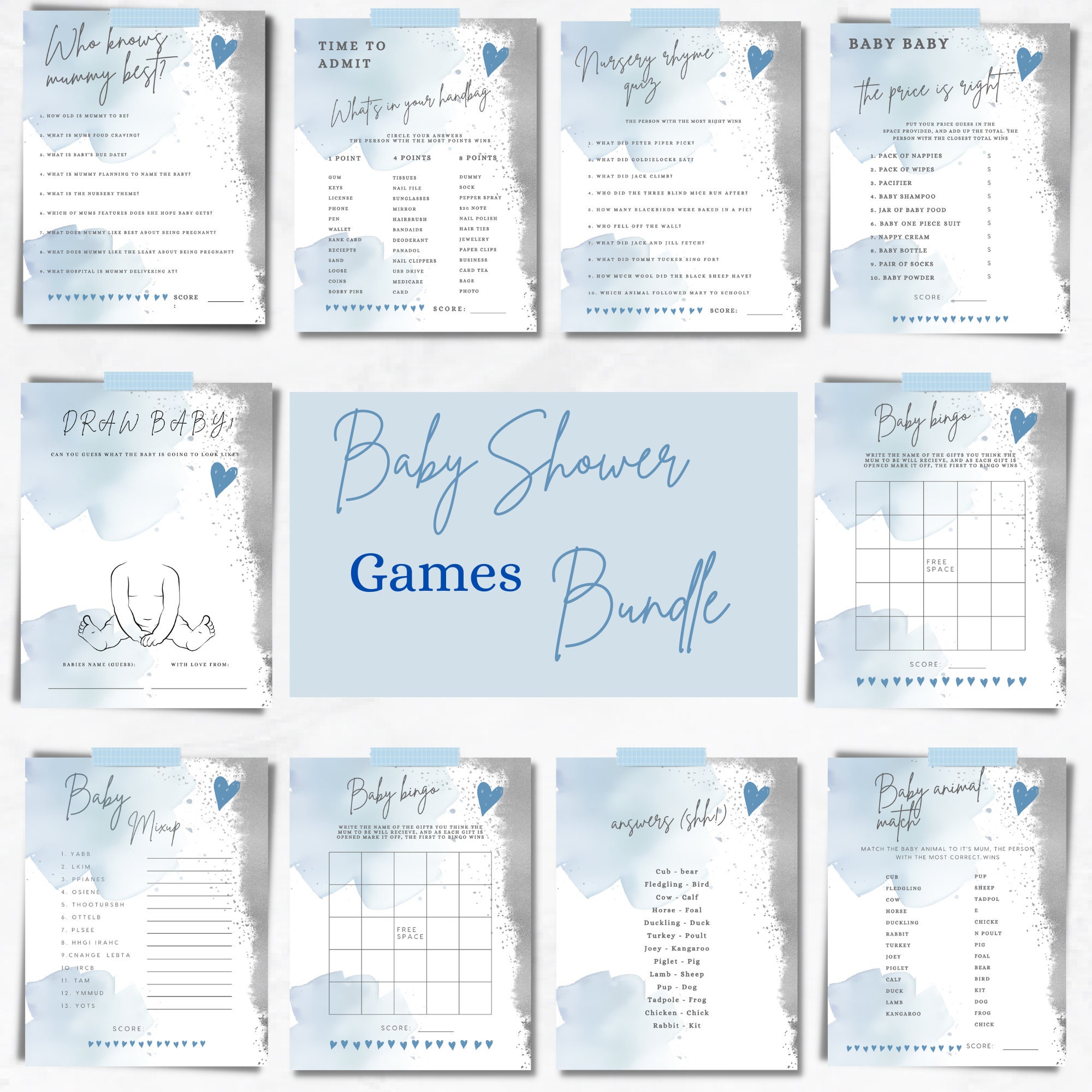Baby Shower Games Bundle,editable in CANVA Games,blue/silver ...