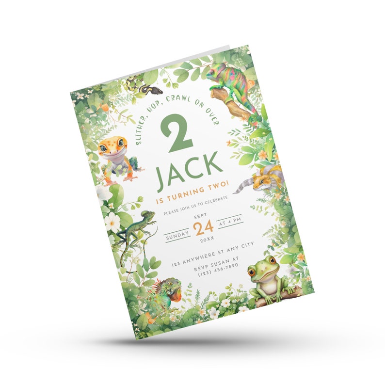 Lizard and Snake 2nd Birthday Invite Template, Editable Reptile ...