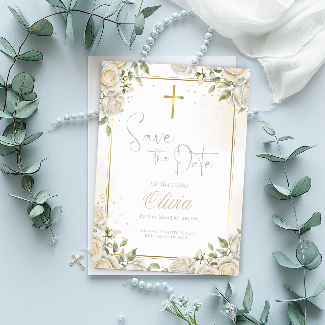 Floral Christening Save the Date Template - Baptism Invite Card (canva ...