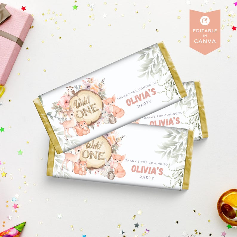 Woodland Chocolate Bar Wrapper, Wild One Forest Animal, Editable Party ...