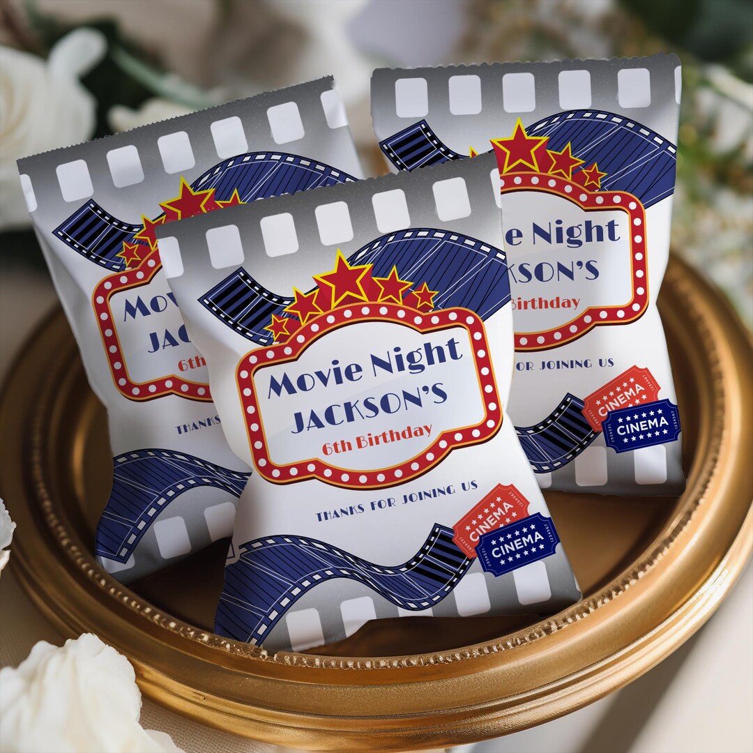 Movie Night Chip Bag Red Carpet Popcorn Wrapper Editable Canva Template ...