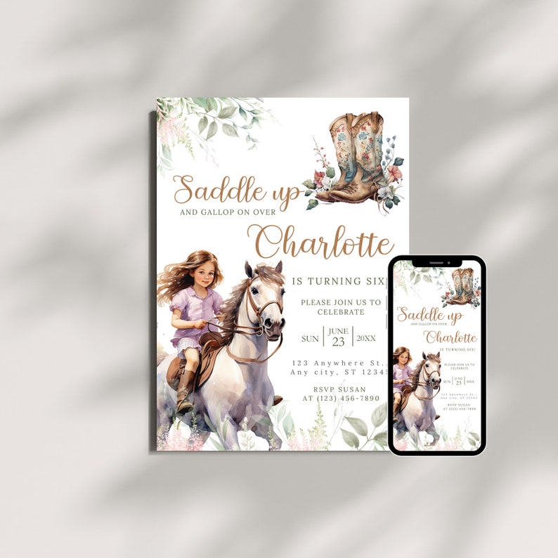 Horse Birthday Invitation Saddle up Cowgirl DIY Printable Decor Template Instant Download ...