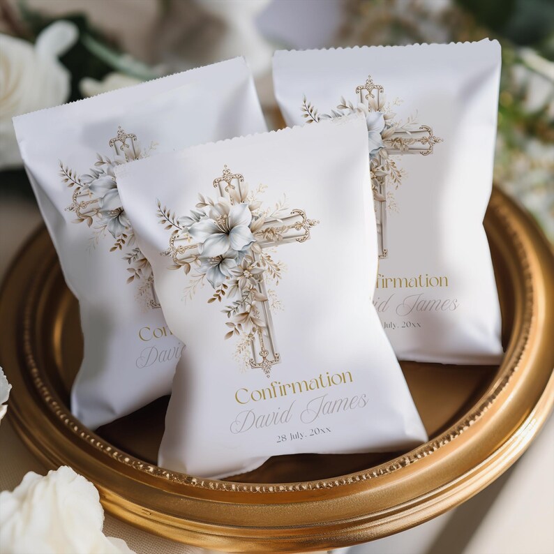 Floral Cross Confirmation Chip Bag Wrapper, Editable Religious Favor ...