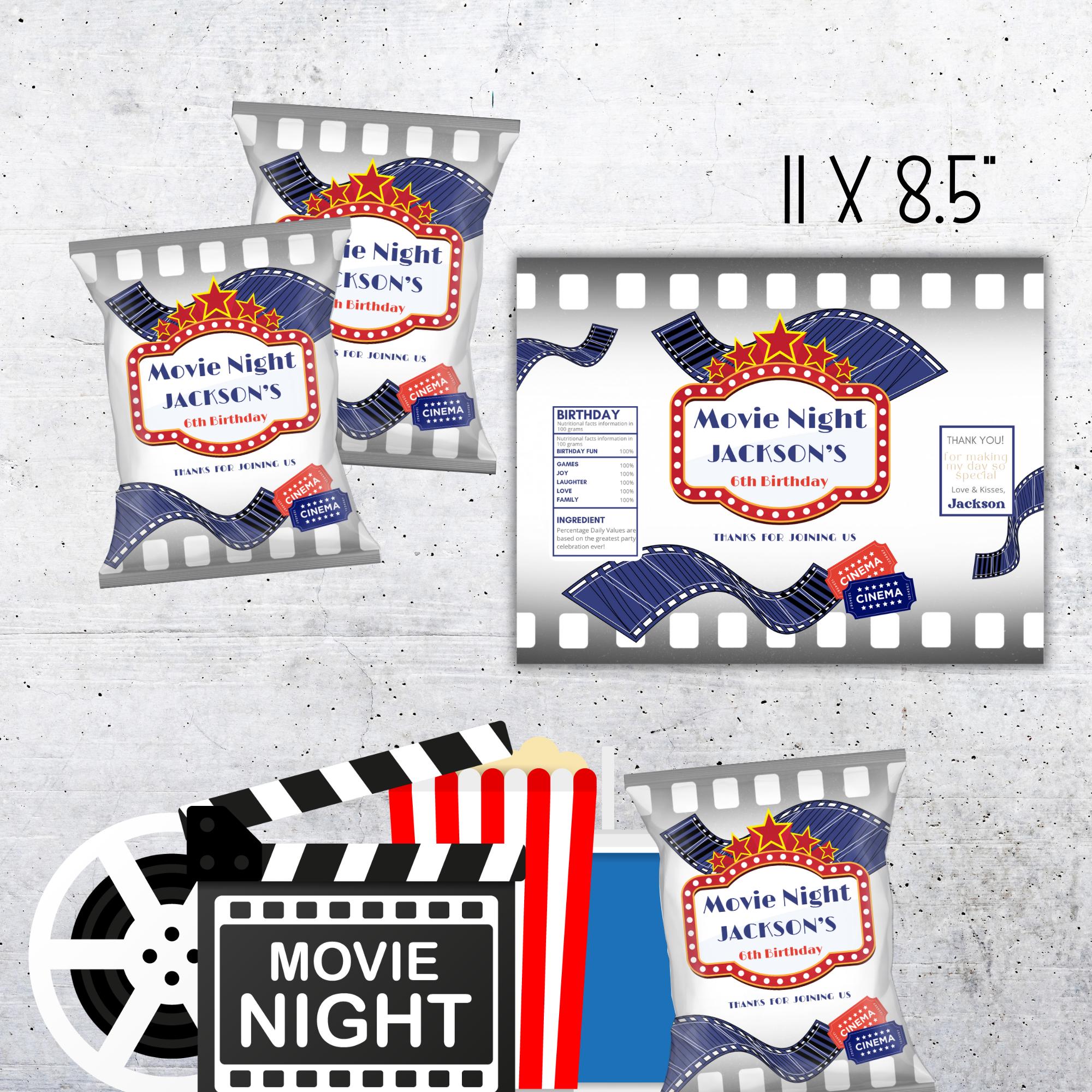 Movie Night Chip Bag Red Carpet Popcorn Wrapper Editable Canva Template ...