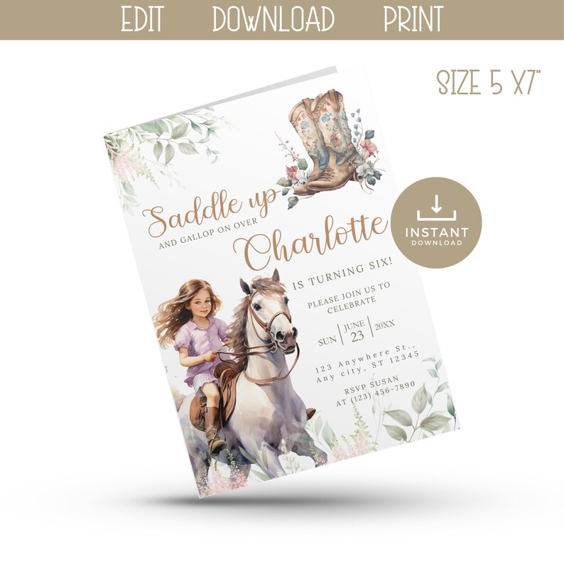 Horse Birthday Invitation Saddle up Cowgirl DIY Printable Decor Template Instant Download ...